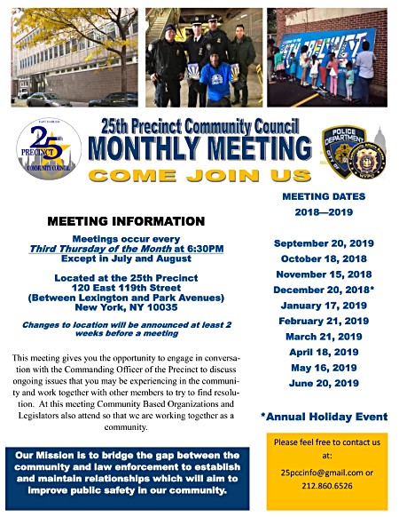 Come Join The 25th Precinct Community Council Monthly Meeting
