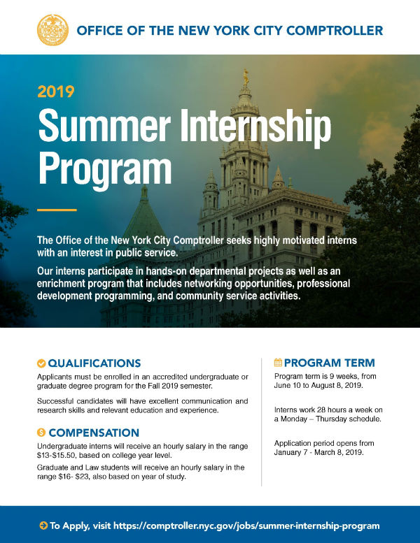 NYC Comptroller Office Summer Internship Program 2019